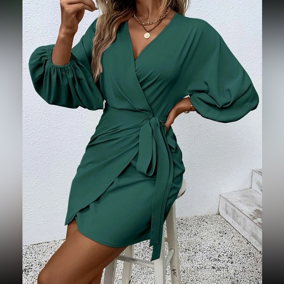 Dresses | Luxe Surplice Neck Lantern Sleeve Knot Side Wrap Dress | Poshmark